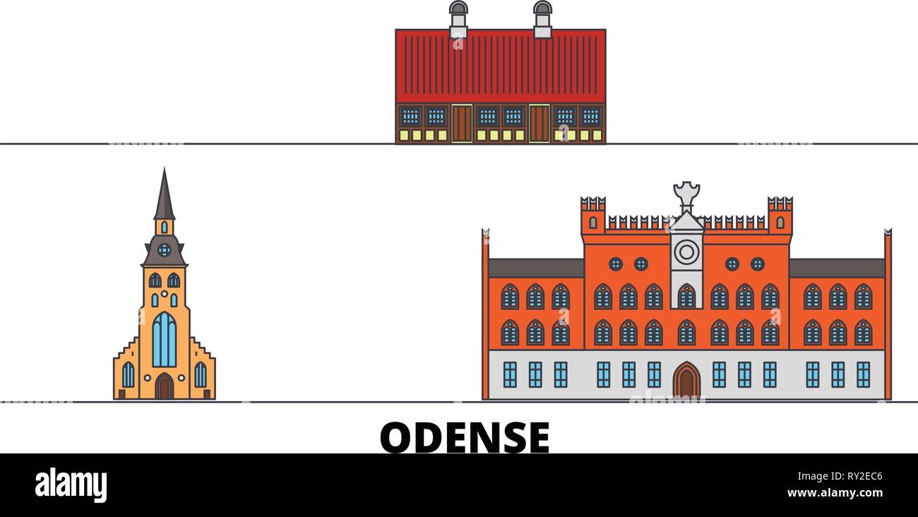 Denmark, Odense flat landmarks vector illustration. Denmark, Odense line city with famous travel ...