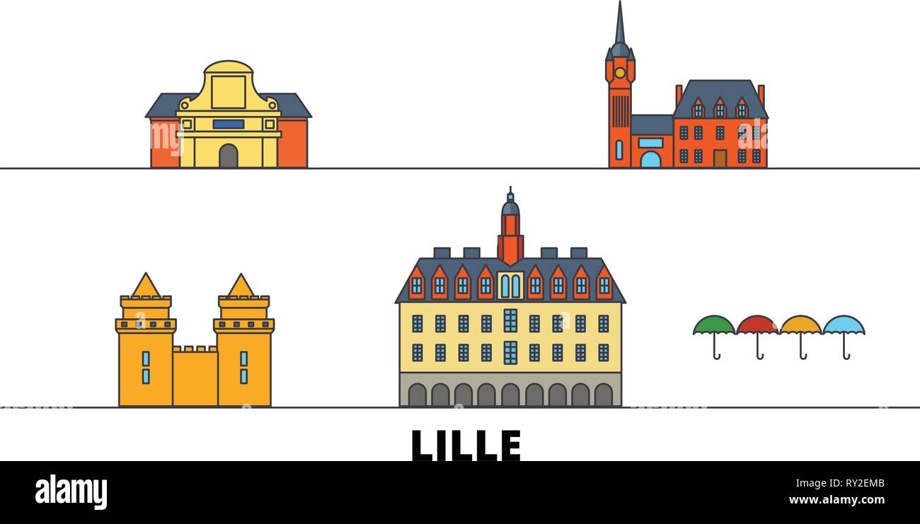 France, Lille flat landmarks vector illustration. France, Lille line ...