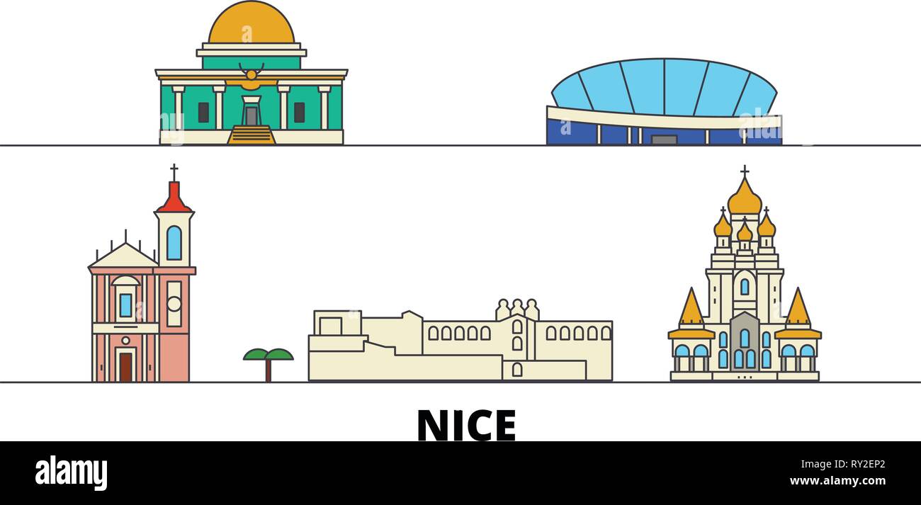 France, Nice flat landmarks vector illustration. France, Nice line city ...