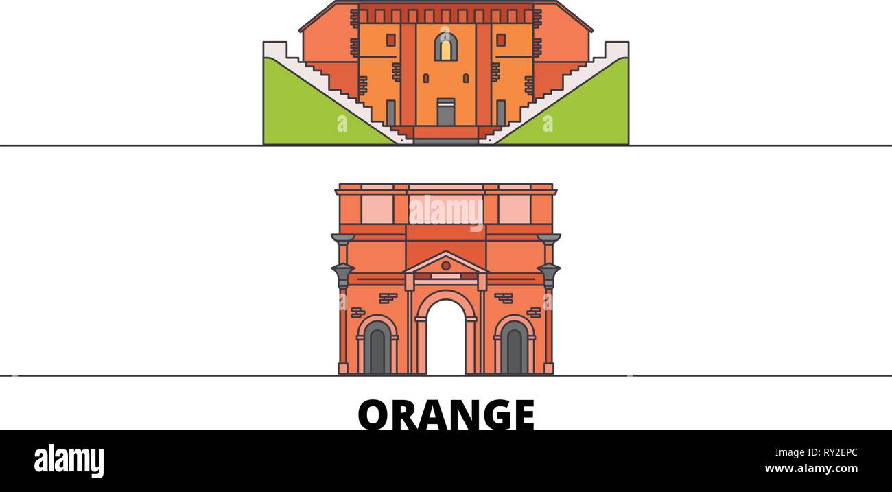 France, Orange flat landmarks vector illustration. France, Orange line ...