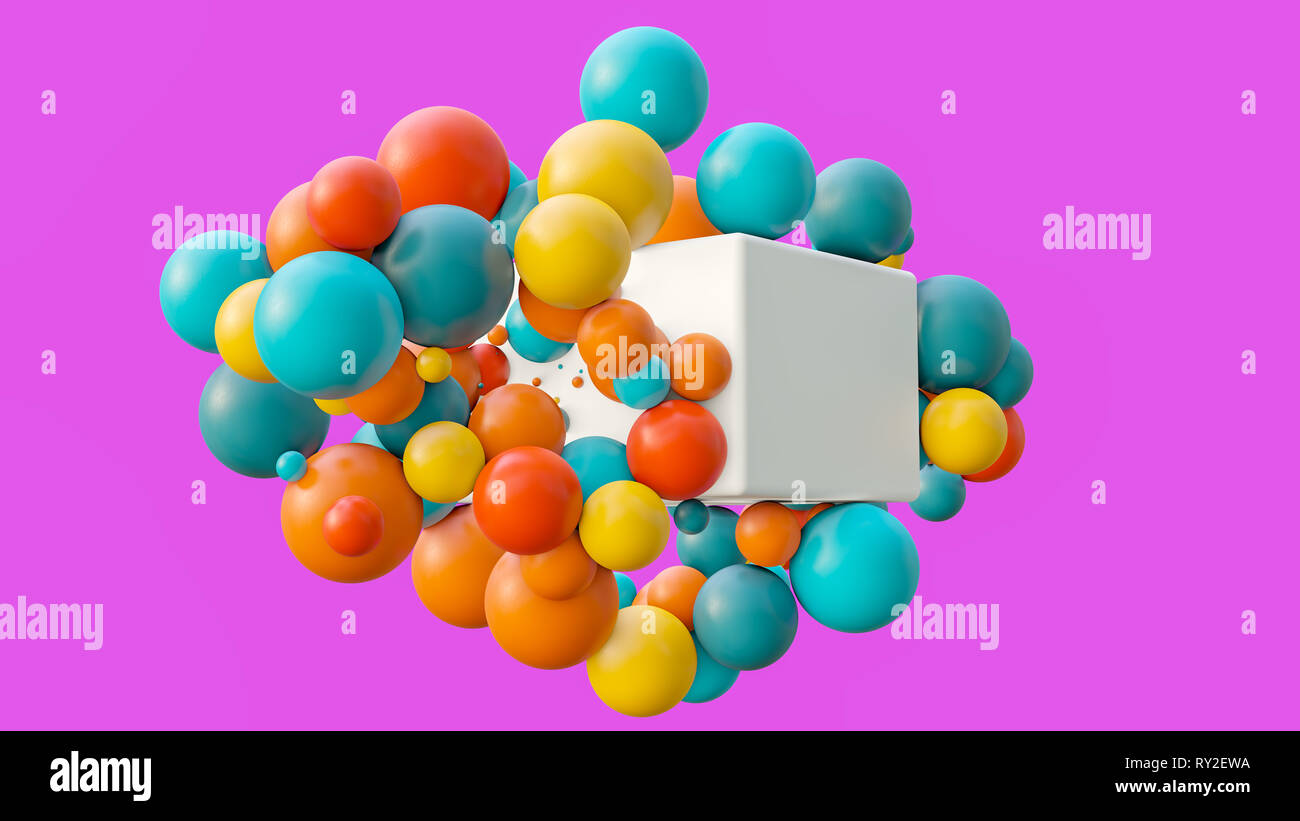 Flying spheres and box isolated on pink background Stock Photo - Alamy