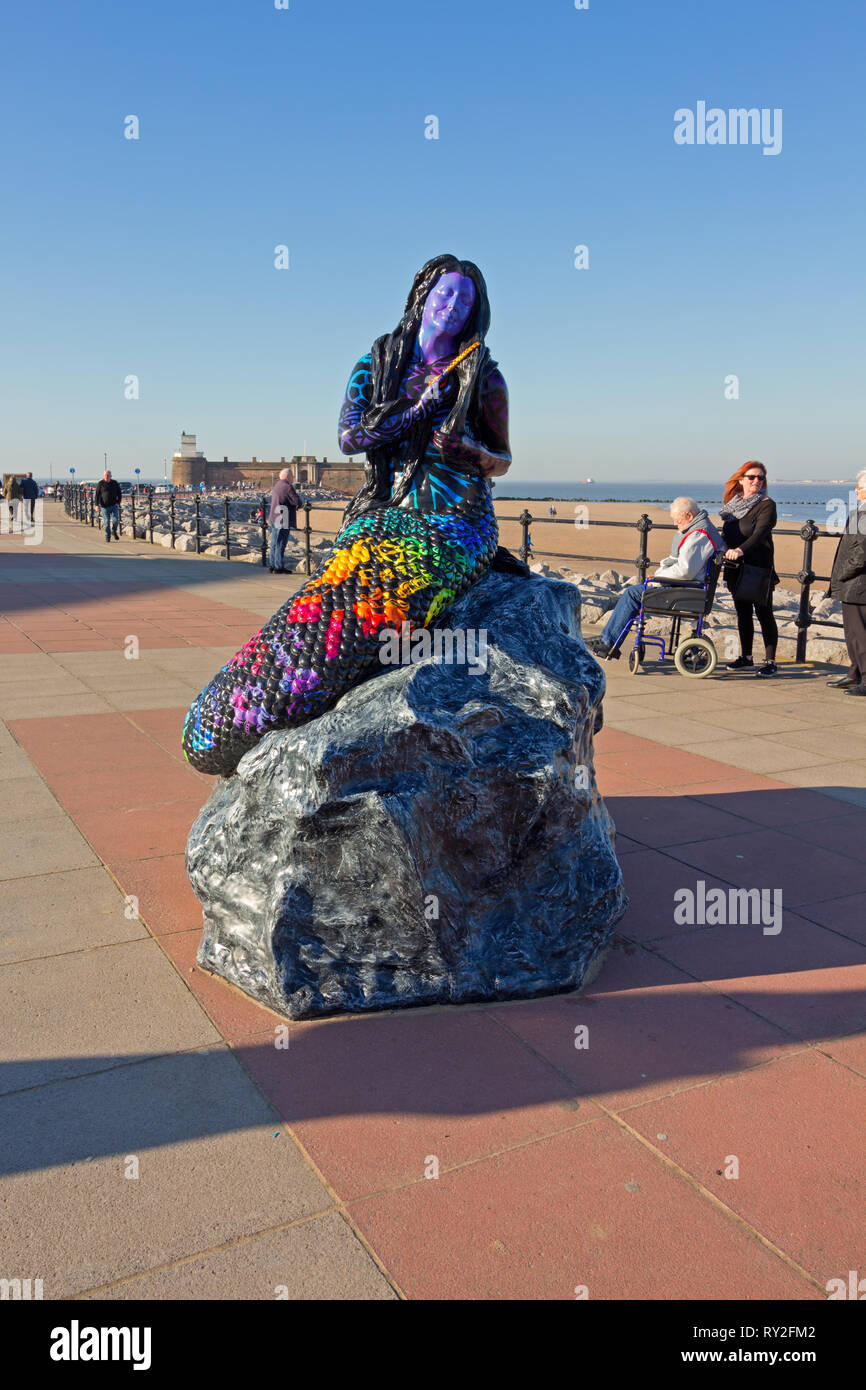 Black Rock Mermaid statue on the promenade at New Brighton Merseyside ...