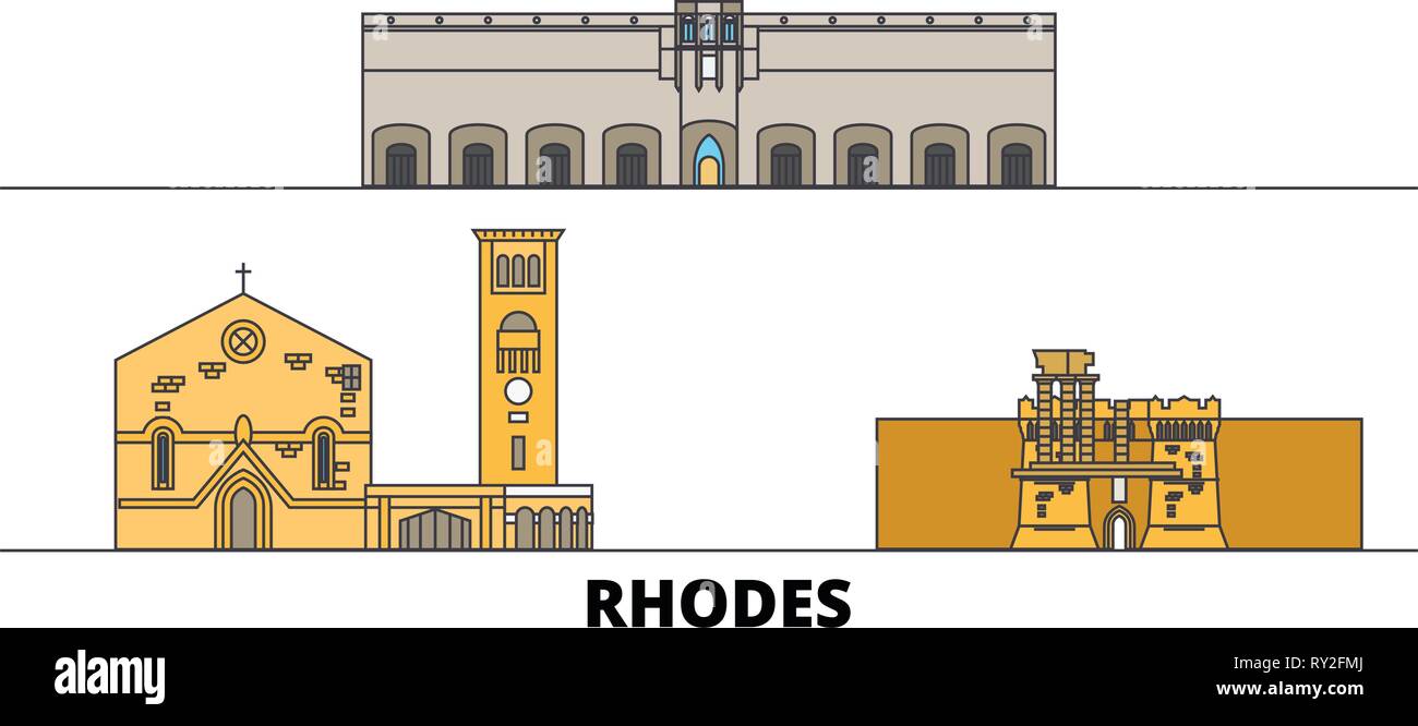 Greece, Rhodes flat landmarks vector illustration. Greece, Rhodes line ...