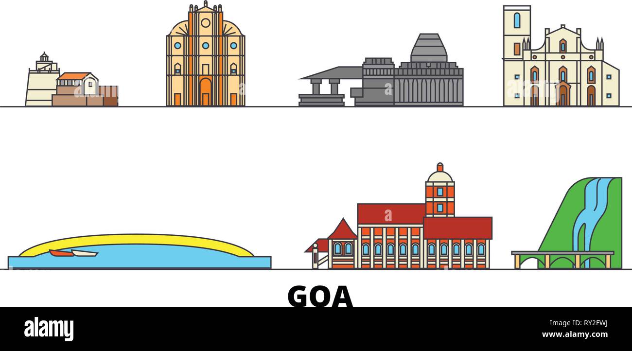 India, Goa flat landmarks vector illustration. India, Goa line city ...