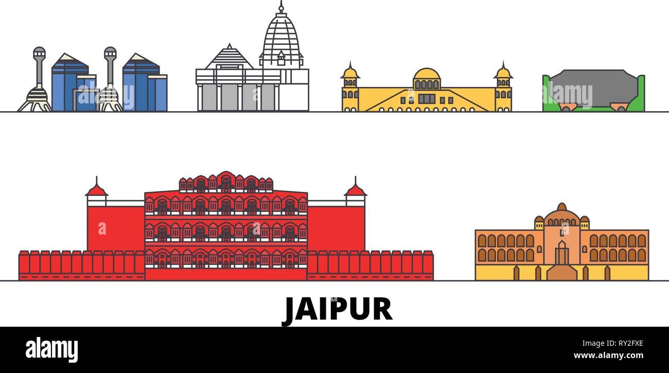 India, Jaipur flat landmarks vector illustration. India, Jaipur line ...