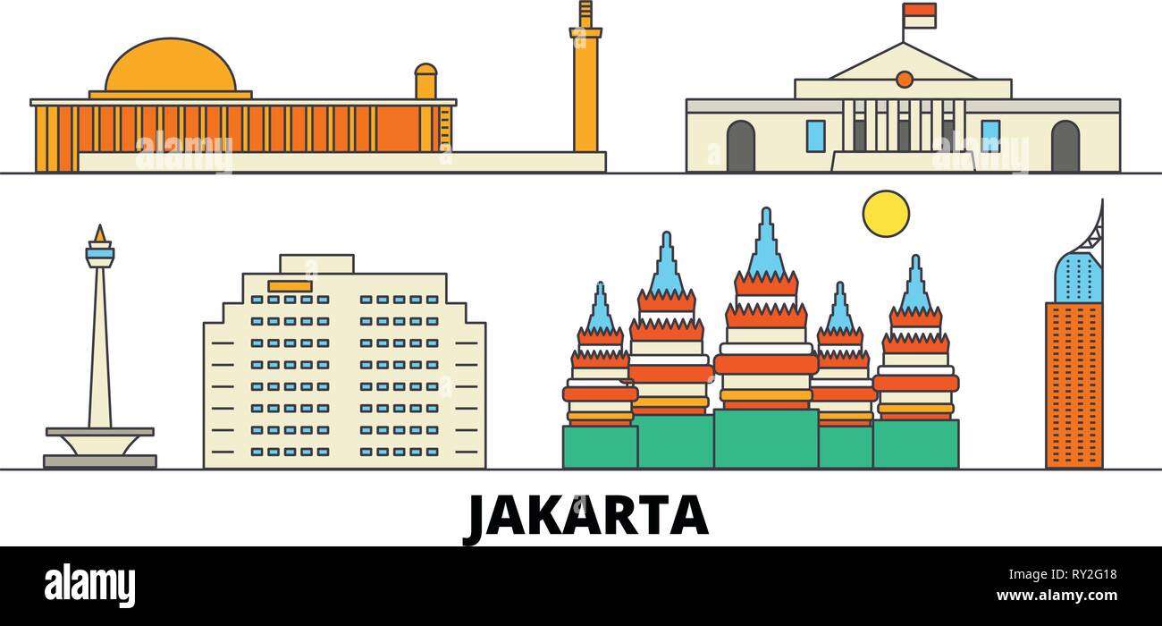 Indonesia, Jakarta flat landmarks vector illustration. Indonesia ...