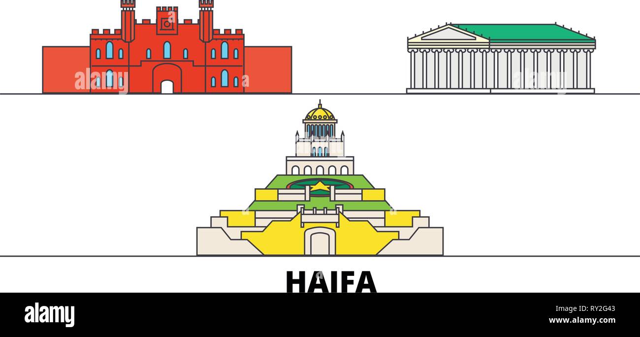 Israel, Haifa flat landmarks vector illustration. Israel, Haifa line ...