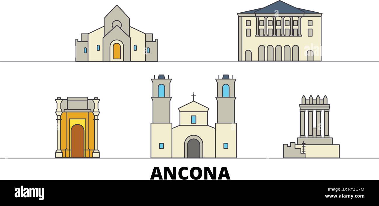 Italy, Ancona flat landmarks vector illustration. Italy, Ancona line ...
