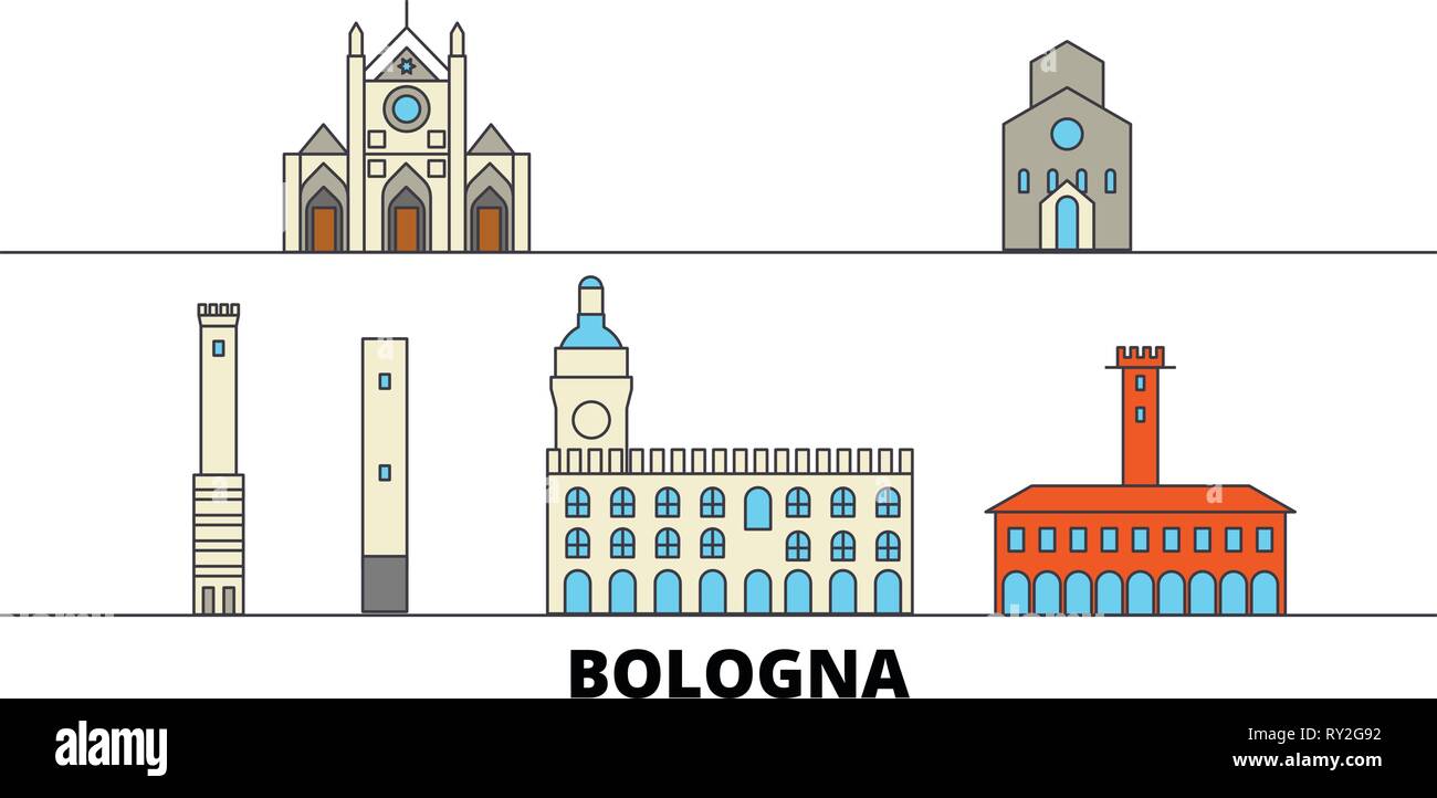 Italy, Bologna flat landmarks vector illustration. Italy, Bologna line ...