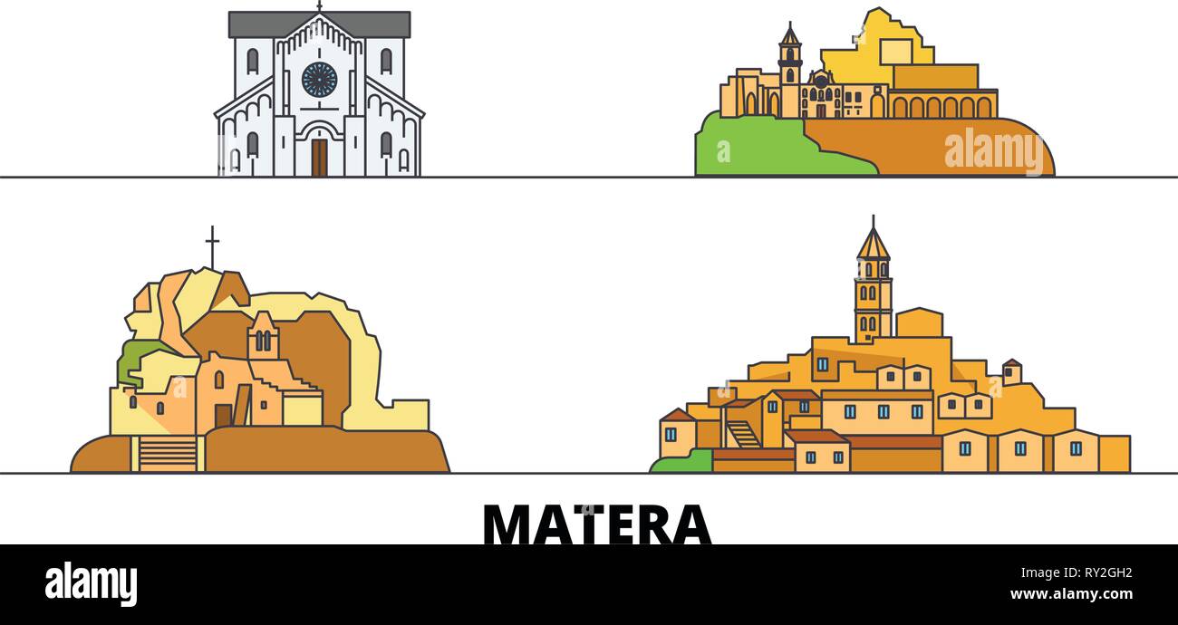 Italy, Matera flat landmarks vector illustration. Italy, Matera line ...