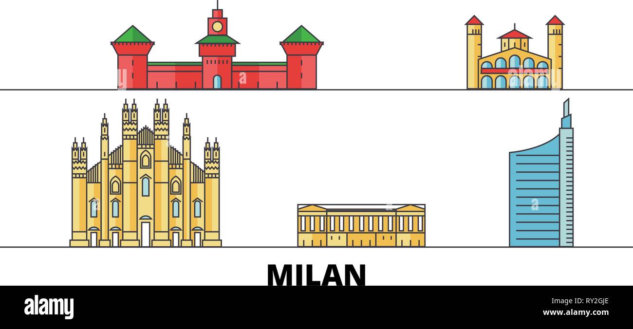 Italy, Milan City flat landmarks vector illustration. Italy, Milan City ...