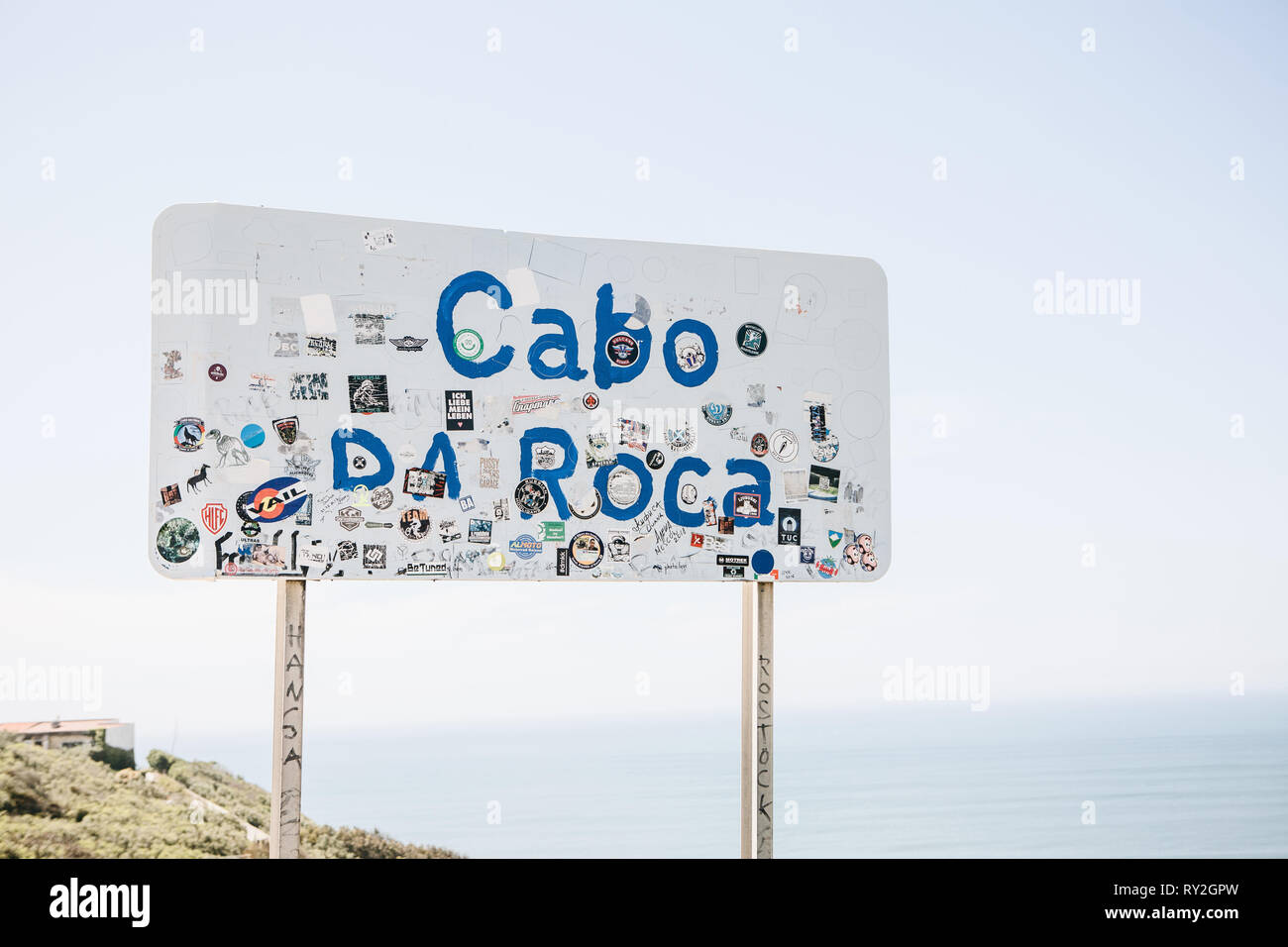 Portugal, Sintra, June 26, 2018: Signpost or road sign of Cabo da Roca ...
