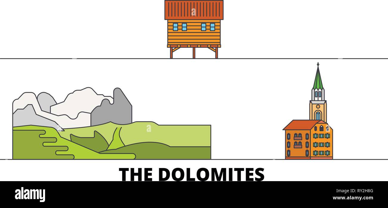 Italy, The Dolomites flat landmarks vector illustration. Italy, The ...