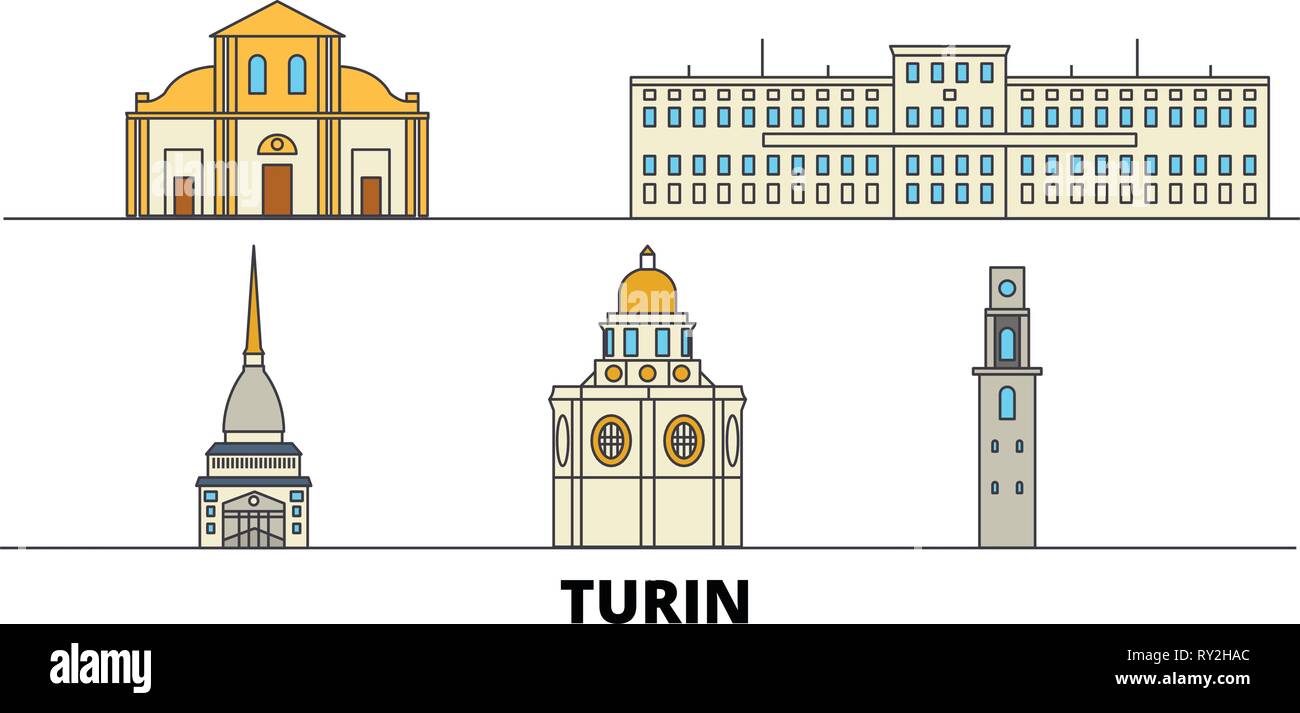 Italy, Turin flat landmarks vector illustration. Italy, Turin line city ...