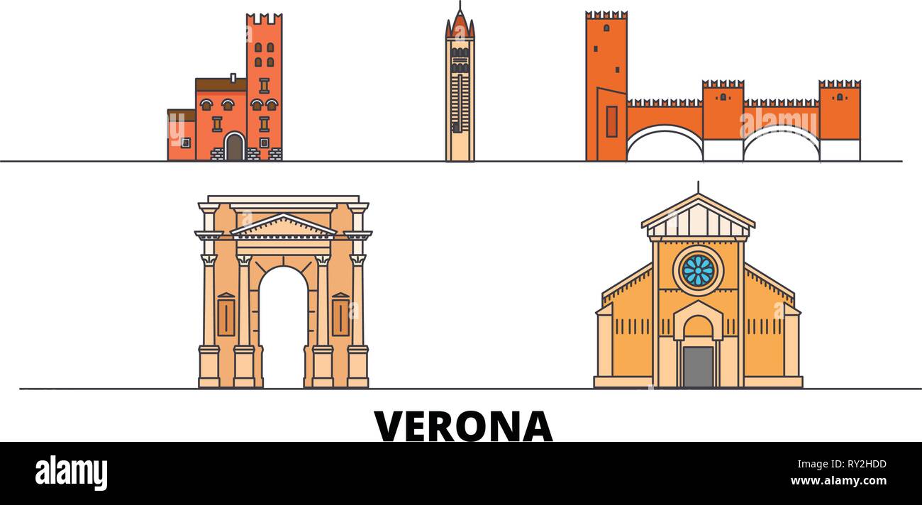 Italy, Verona City flat landmarks vector illustration. Italy, Verona ...
