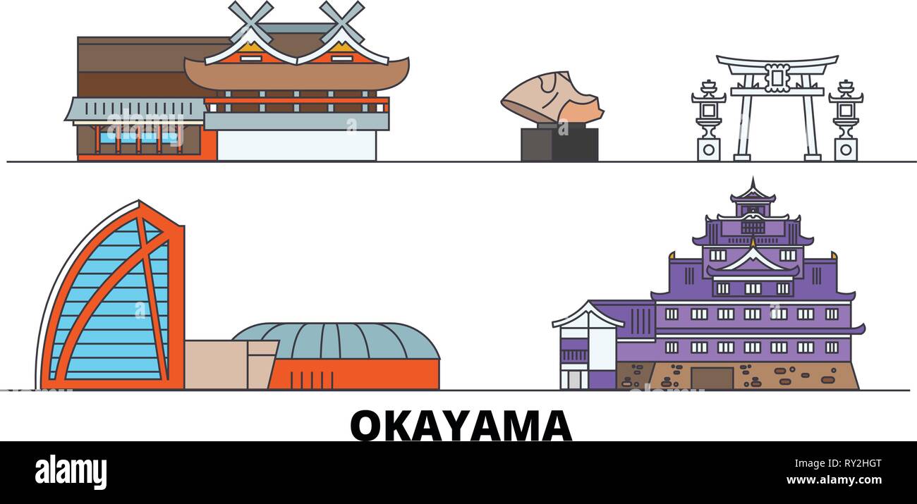 Japan, Okayama flat landmarks vector illustration. Japan, Okayama line ...