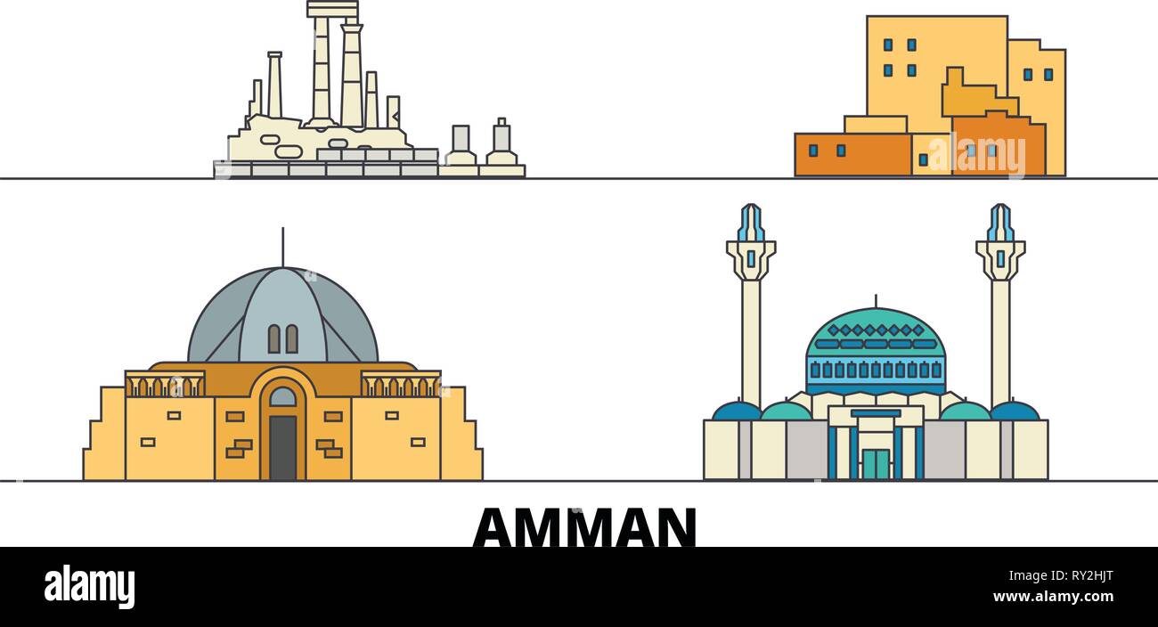 Jordan, Amman flat landmarks vector illustration. Jordan, Amman line ...