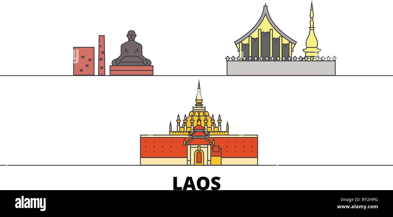 Laos flat landmarks vector illustration. Laos line city with famous ...