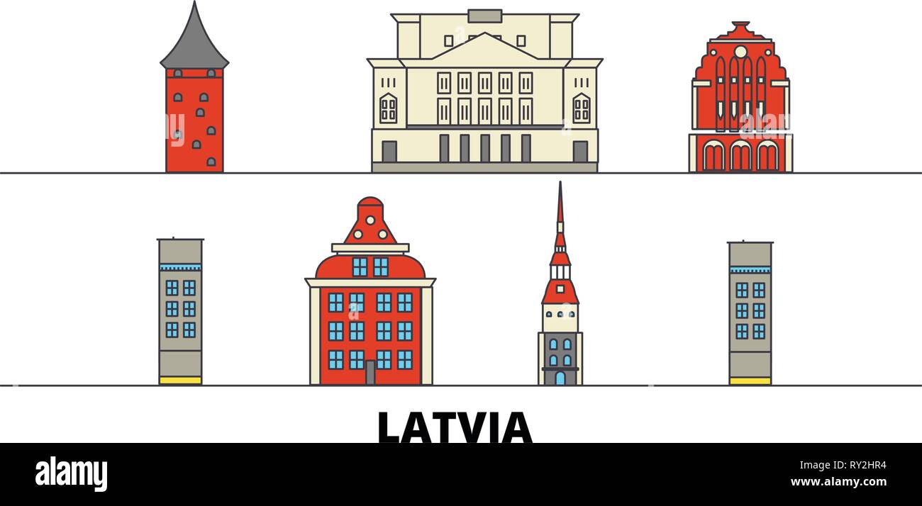 Latvia flat landmarks vector illustration. Latvia line city with famous ...