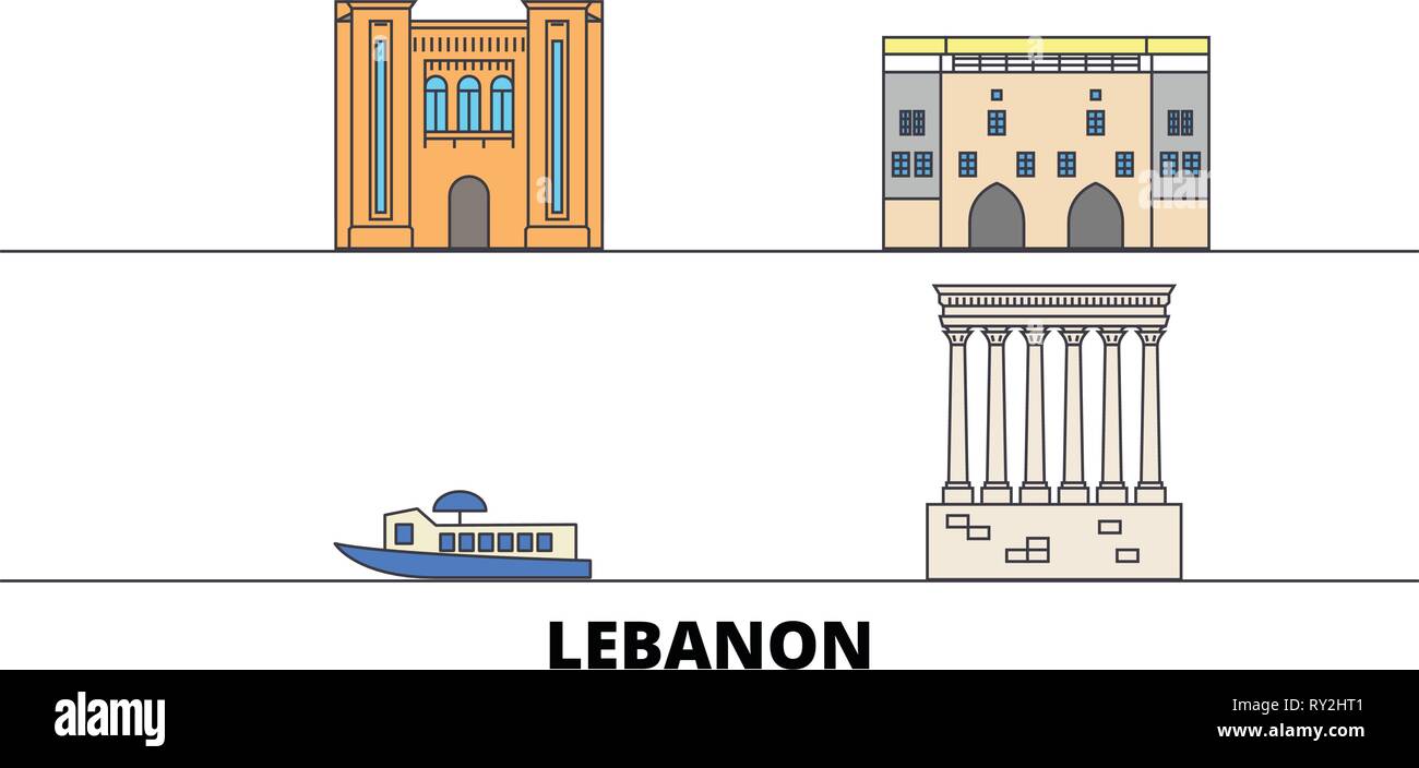 Lebanon flat landmarks vector illustration. Lebanon line city with ...