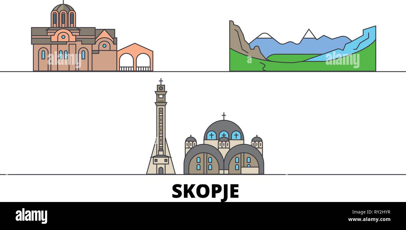 Macedonia, Skopje flat landmarks vector illustration. Macedonia, Skopje ...