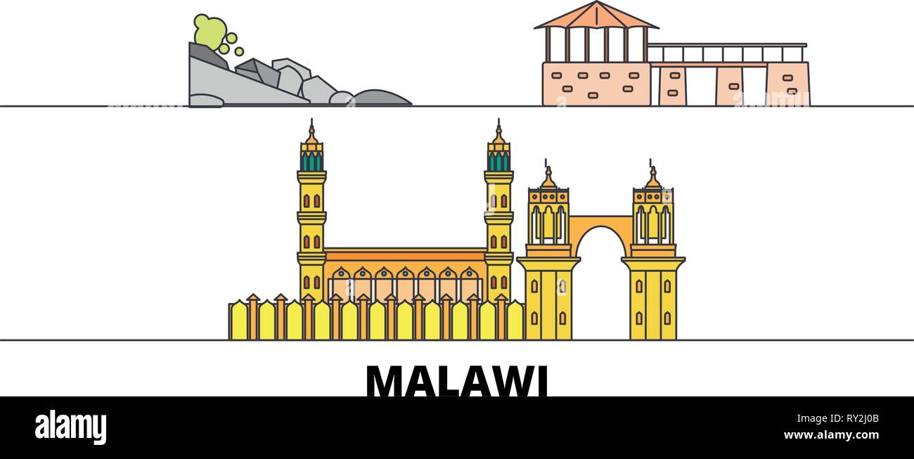 Malawi flat landmarks vector illustration. Malawi line city with famous ...