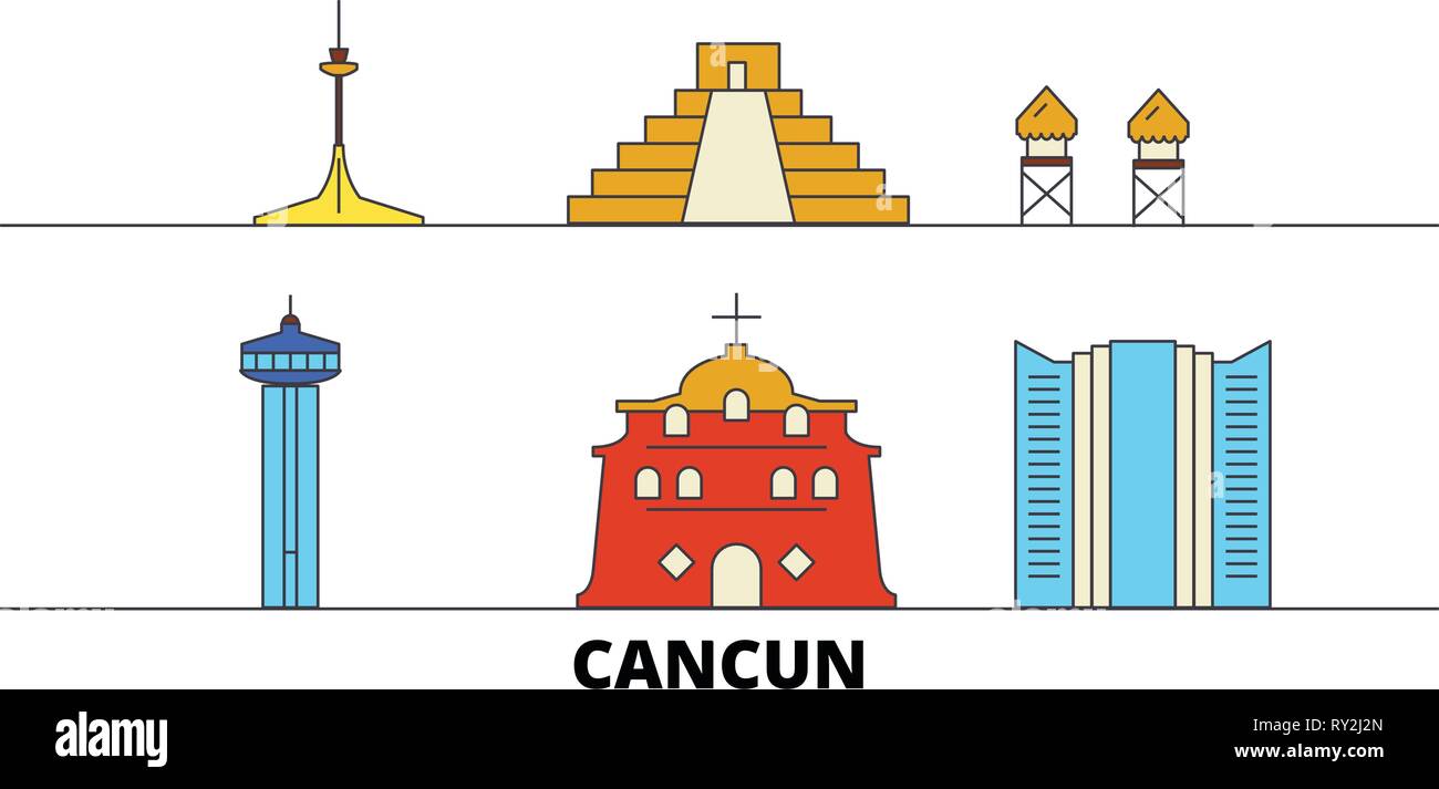 Mexico, Cancun flat landmarks vector illustration. Mexico, Cancun line ...