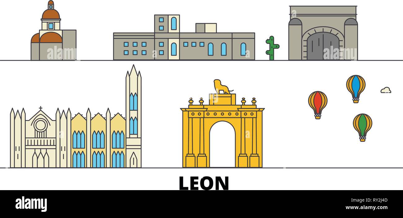 Mexico, Leon flat landmarks vector illustration. Mexico, Leon line city ...