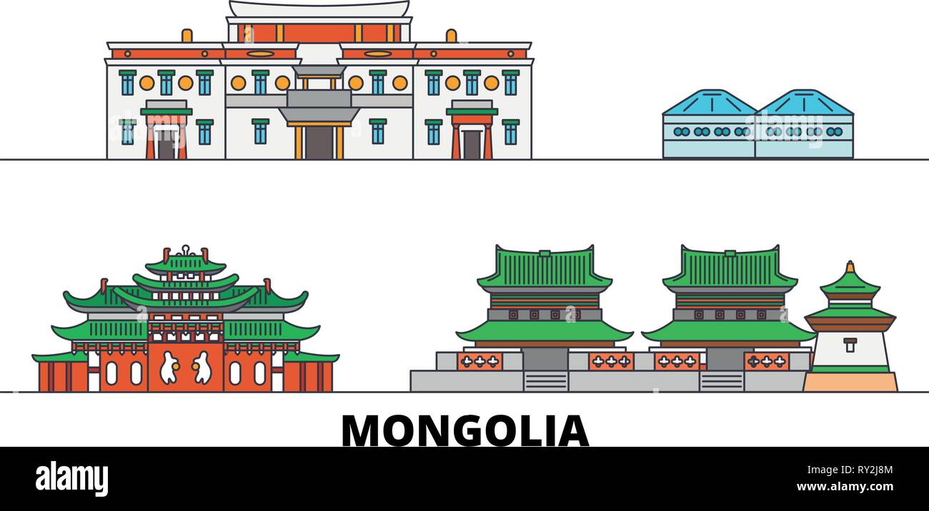 Mongolia flat landmarks vector illustration. Mongolia line city with ...