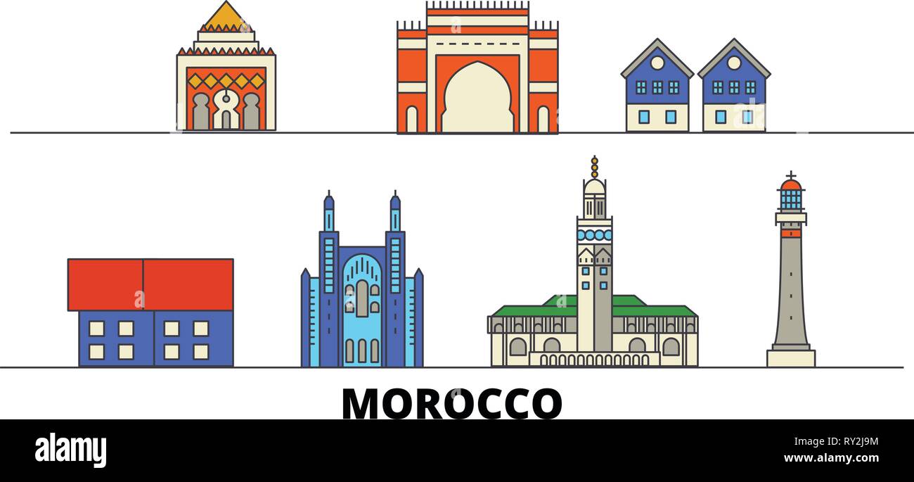 Morocco flat landmarks vector illustration. Morocco line city with ...