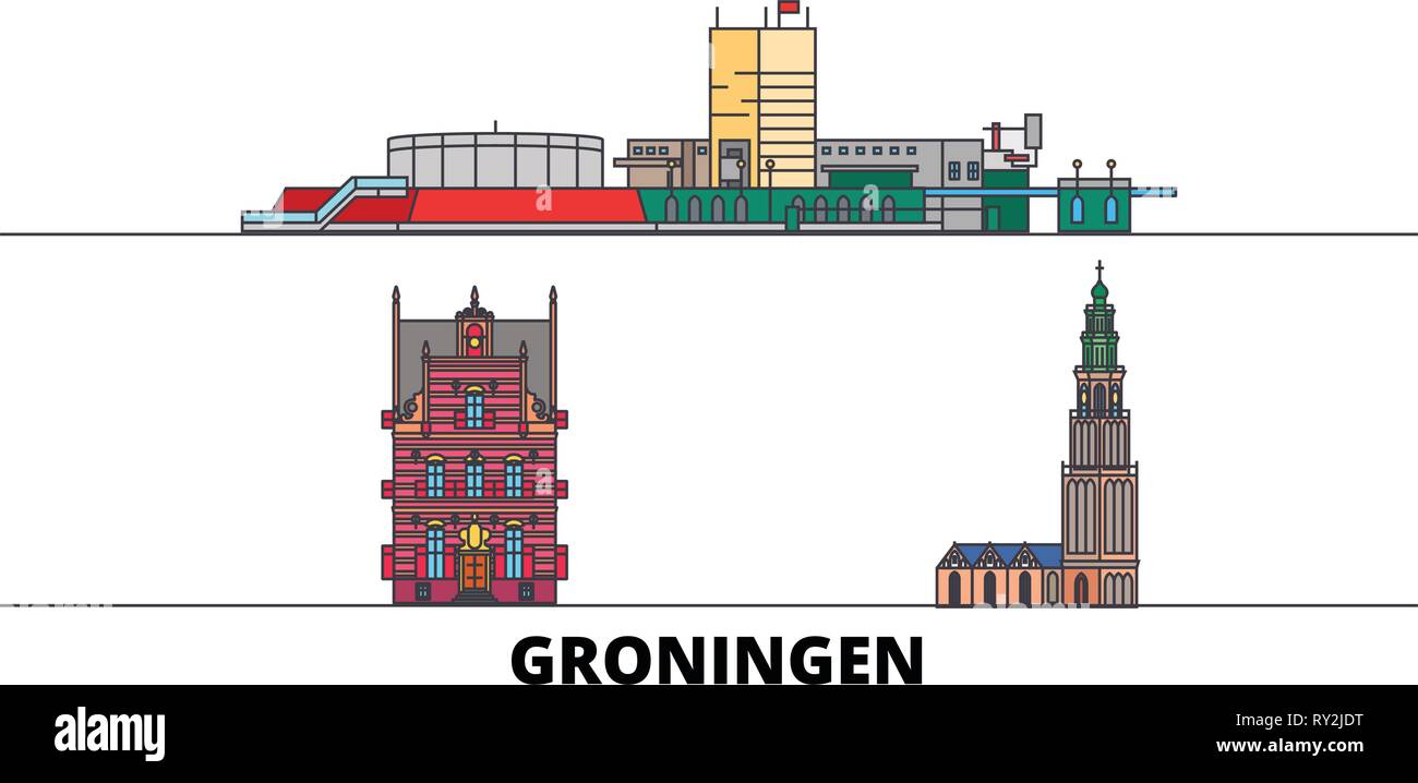 Netherlands, Groningen flat landmarks vector illustration. Netherlands ...