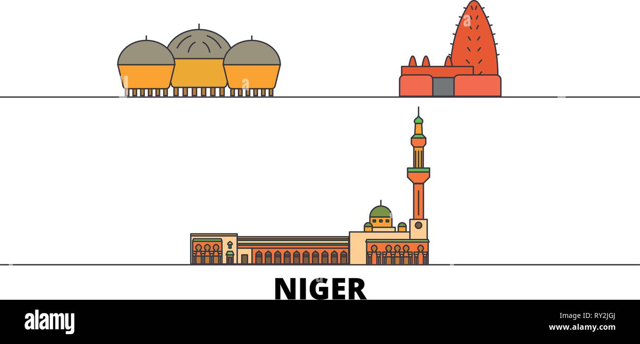 Niger flat landmarks vector illustration. Niger line city with famous ...
