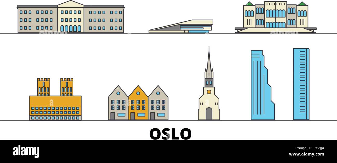 Norway, Oslo flat landmarks vector illustration. Norway, Oslo line city ...