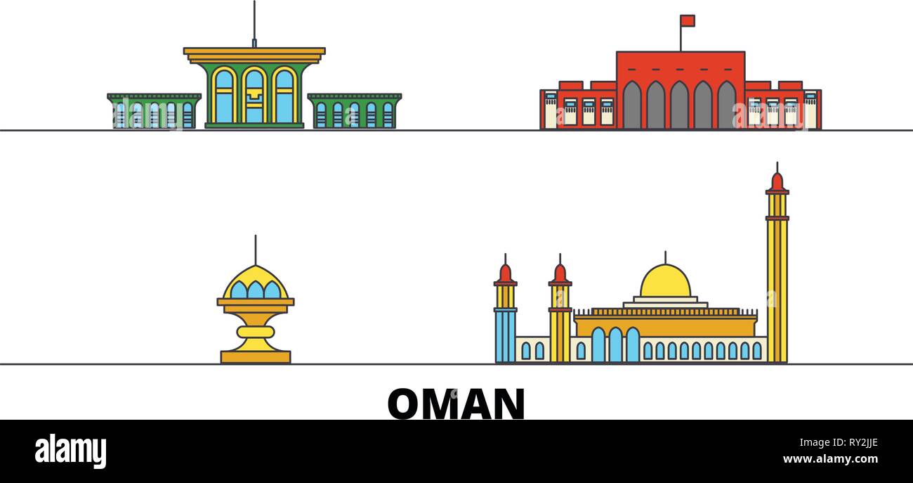 Oman, Muscat flat landmarks vector illustration. Oman, Muscat line city ...