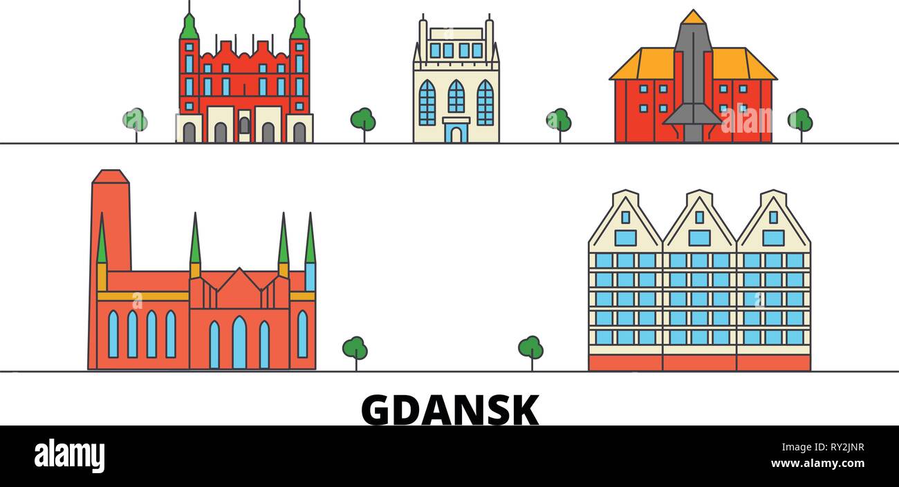 Poland, Gdansk flat landmarks vector illustration. Poland, Gdansk line ...