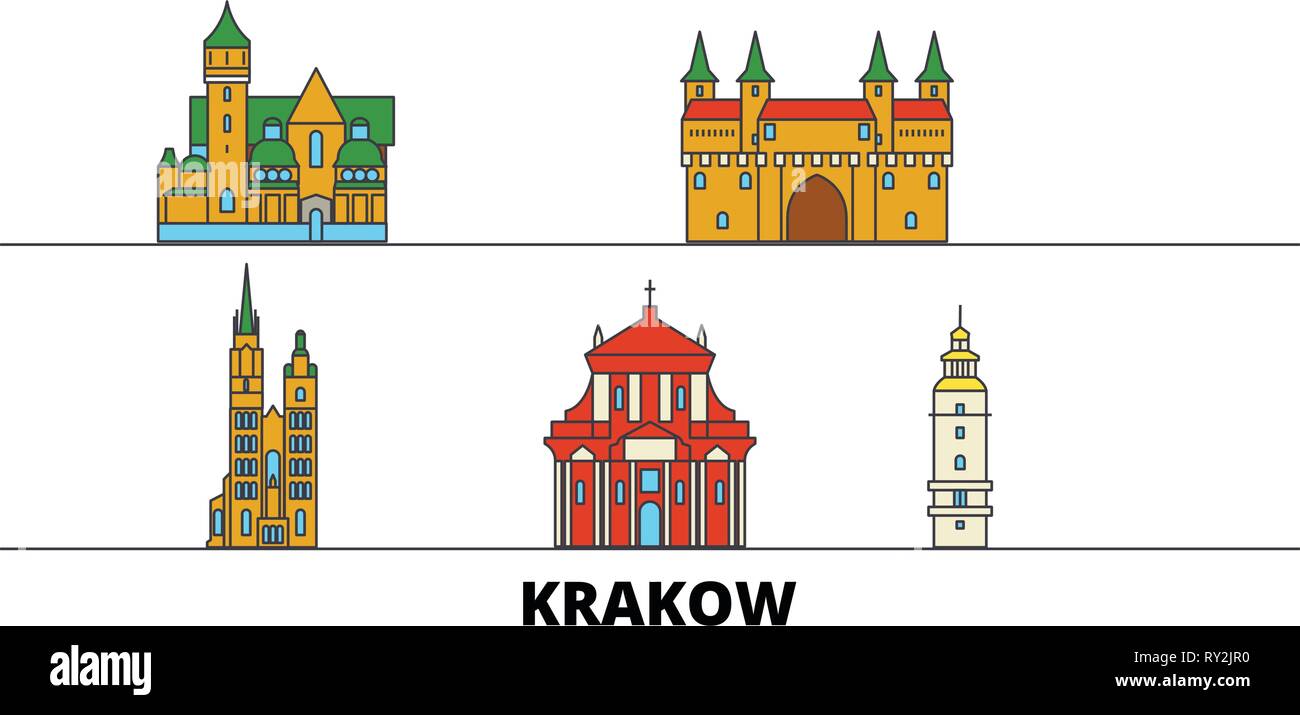 Poland, Krakow flat landmarks vector illustration. Poland, Krakow line ...