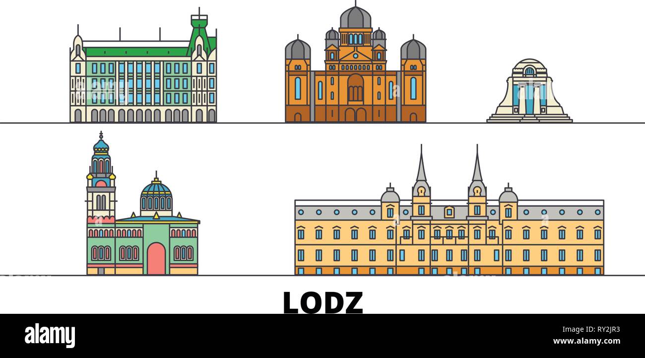 Poland, Lodz flat landmarks vector illustration. Poland, Lodz line city ...