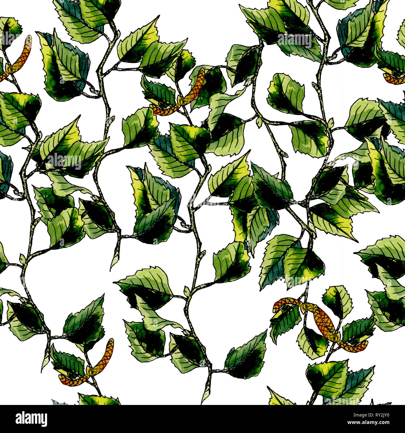 Birch branches hand drawn seamless pattern. Tree twigs natural ...