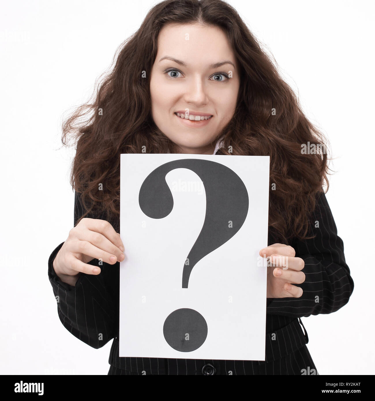 young business woman holding a question mark Stock Photo - Alamy
