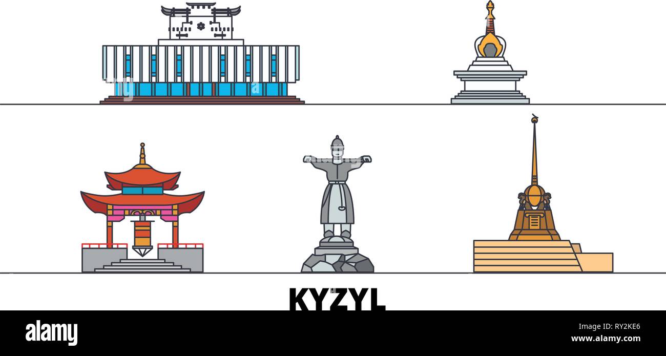 Russia, Kyzyl flat landmarks vector illustration. Russia, Kyzyl line ...