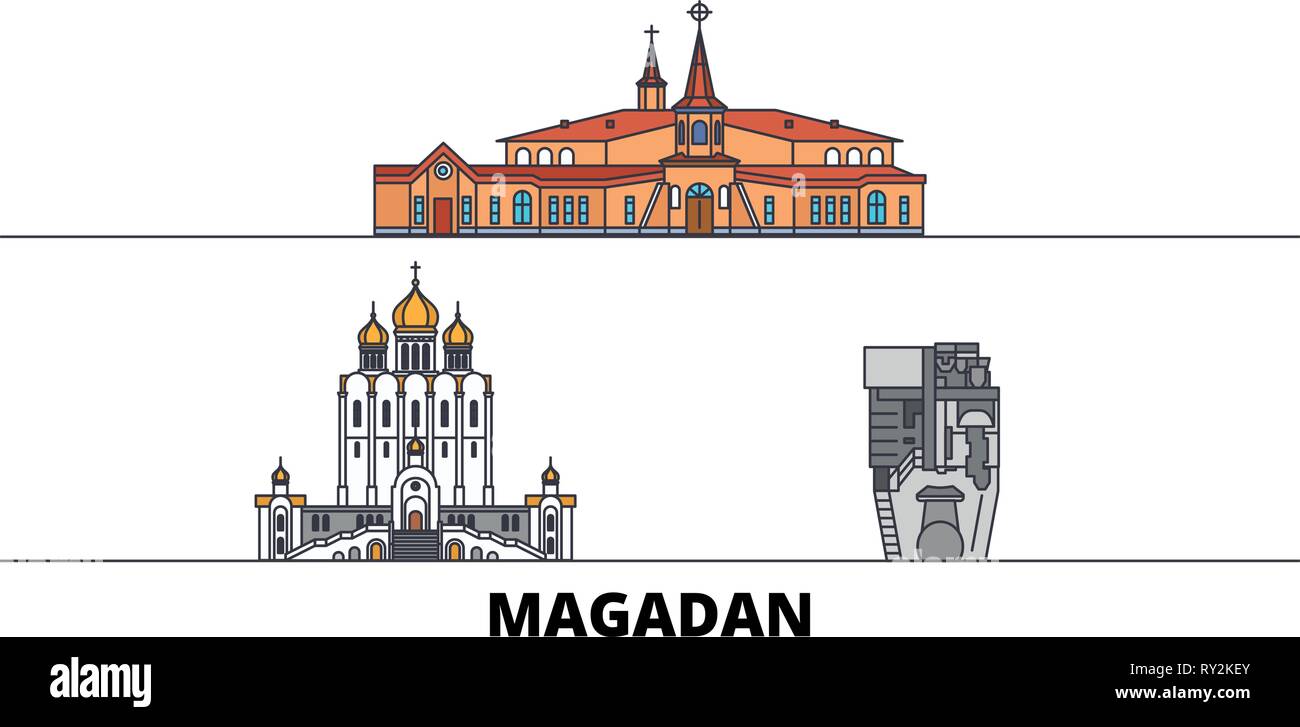 Russia, Magadan flat landmarks vector illustration. Russia, Magadan ...