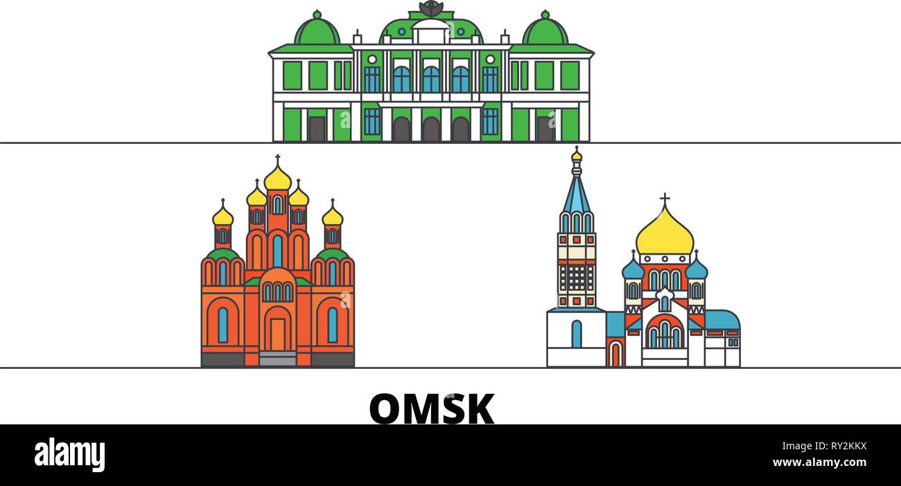 Russia, Omsk flat landmarks vector illustration. Russia, Omsk line city ...