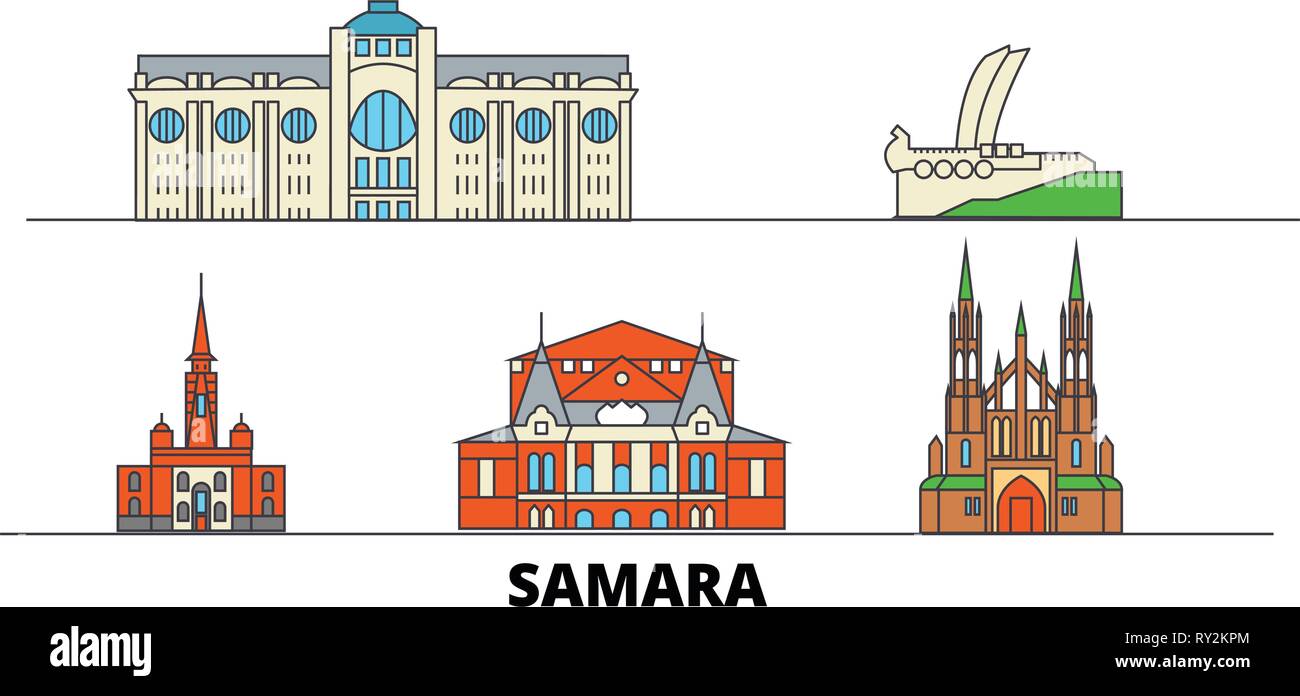 Russia, Samara flat landmarks vector illustration. Russia, Samara line ...