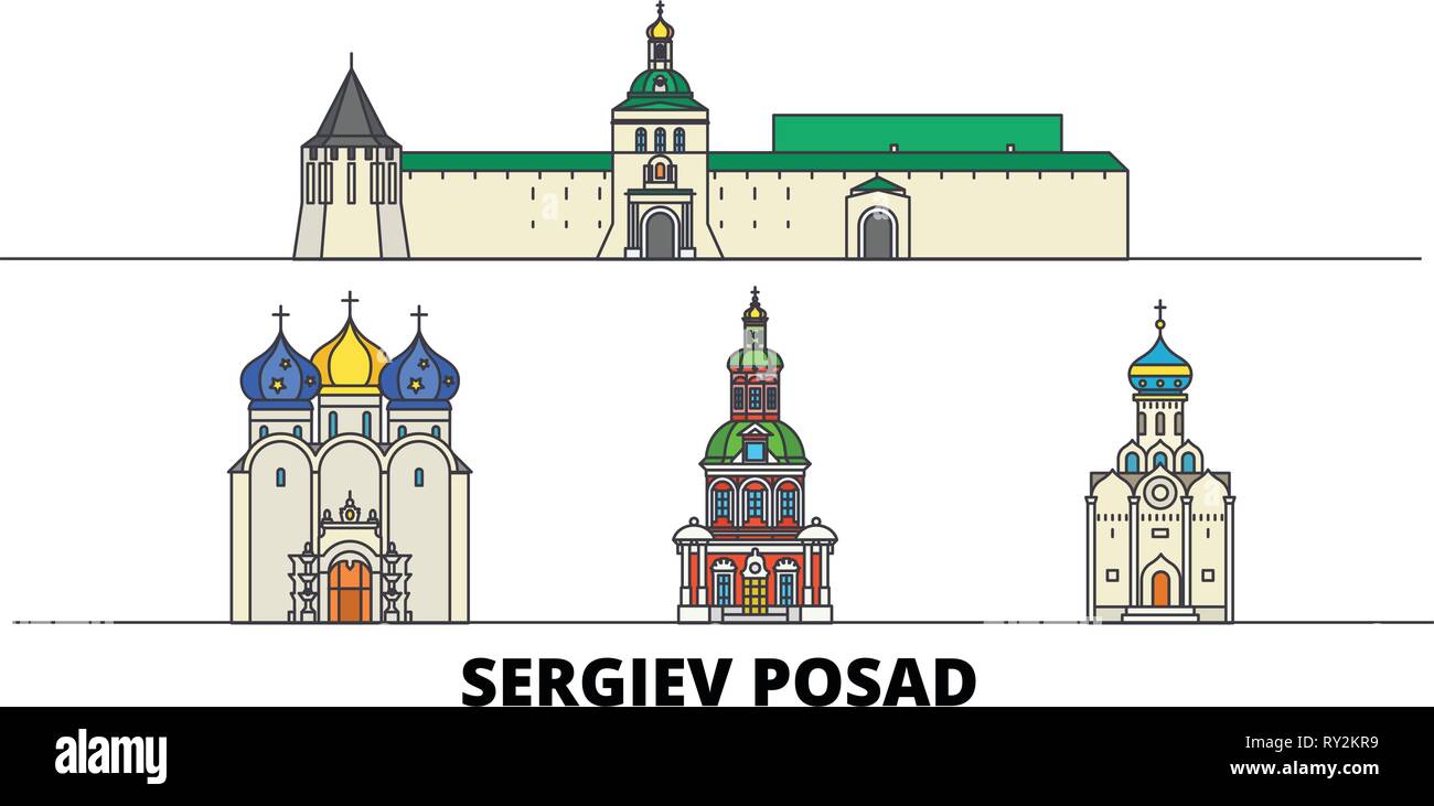 Russia, Sergiev Posad flat landmarks vector illustration. Russia ...