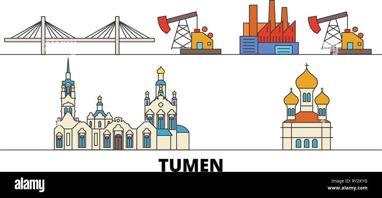 Russia, Tumen flat landmarks vector illustration. Russia, Tumen line ...