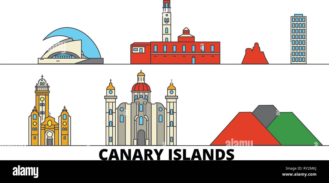 Spain, Canary Islands flat landmarks vector illustration. Spain, Canary ...