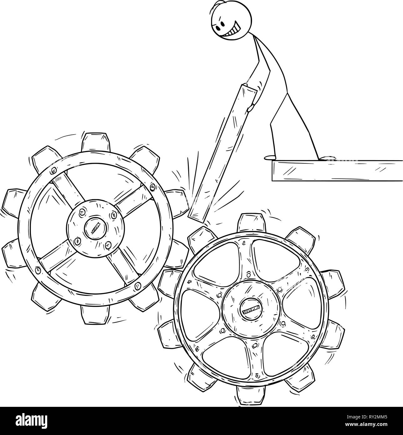 Cartoon of Man or Businessman Trying to Stop the Machine Cogwheels ...