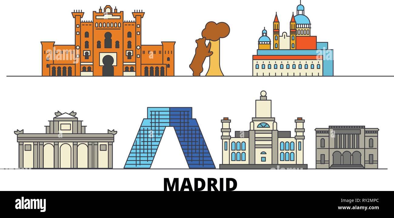 Spain, Madrid flat landmarks vector illustration. Spain, Madrid line ...