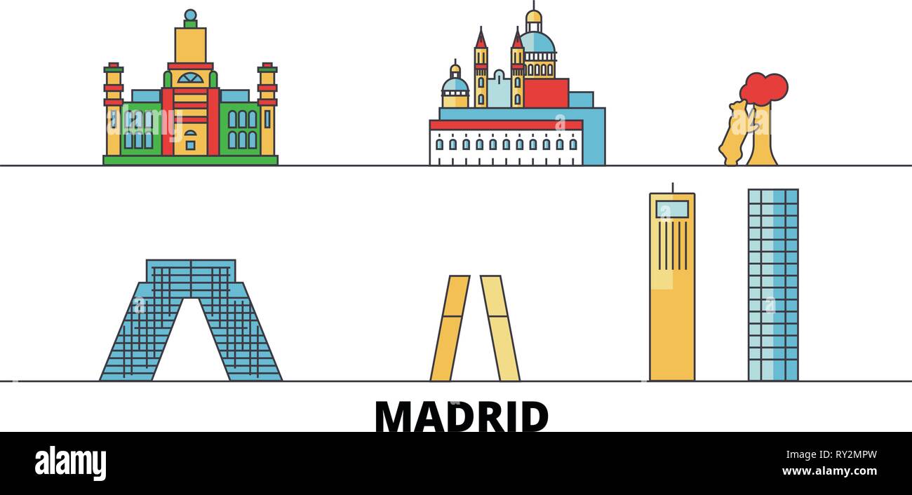 Spain, Madrid City flat landmarks vector illustration. Spain, Madrid ...