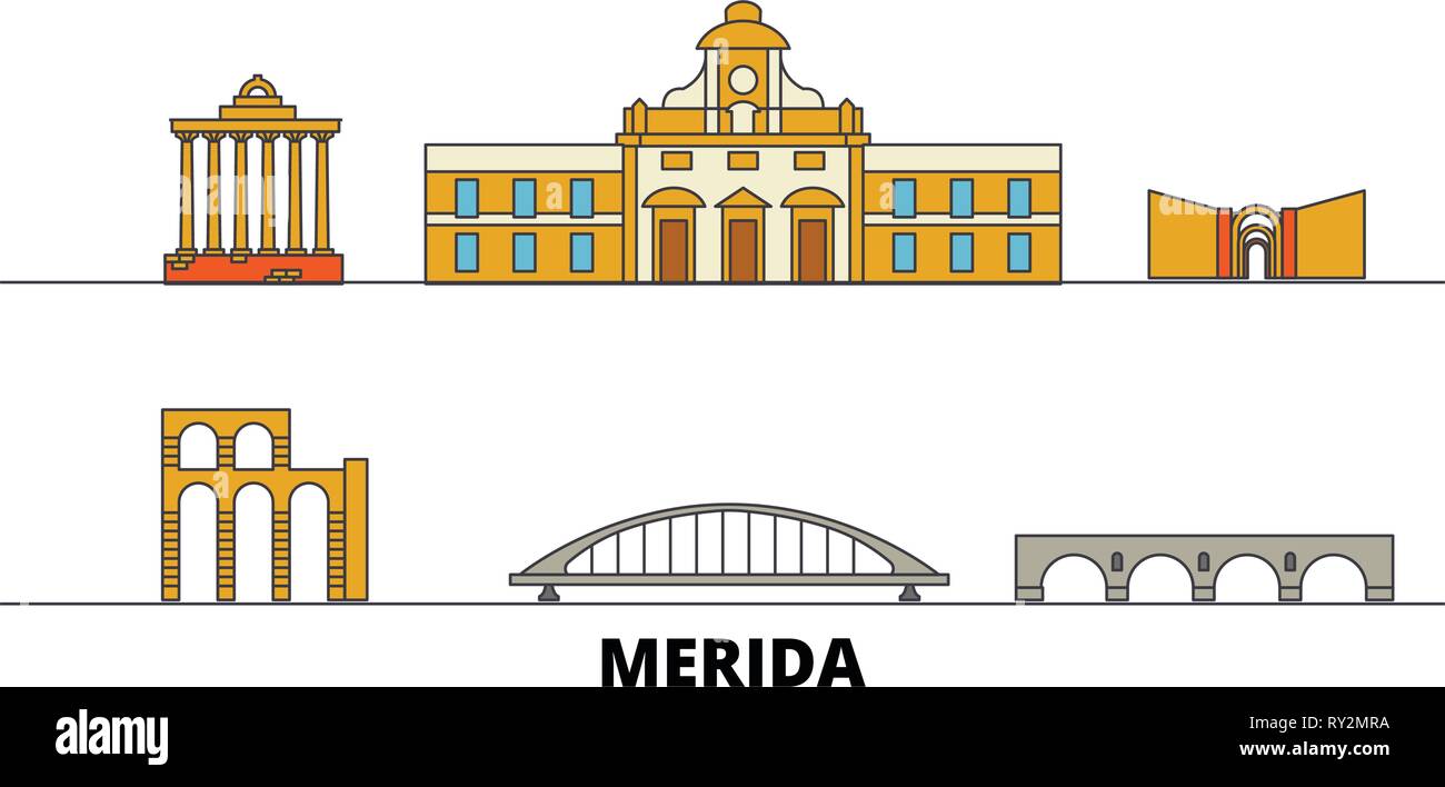 Spain, Merida flat landmarks vector illustration. Spain, Merida line ...